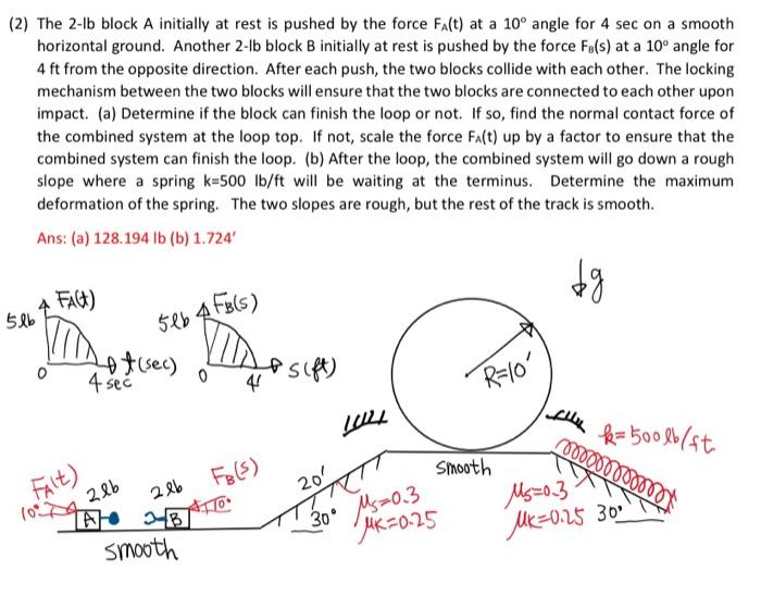 Solved (2) The 2-lb block A initially at rest is pushed by | Chegg.com