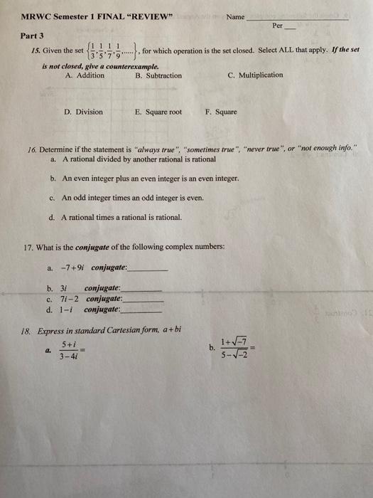 Solved MRWC Semester 1 FINAL "REVIEW Name Per Part 3 1111 | Chegg.com