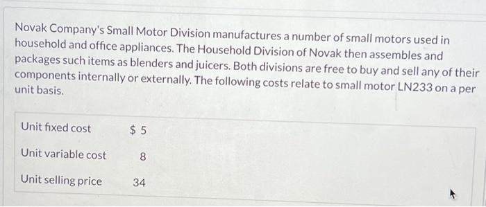 Solved Novak Company's Small Motor Division manufactures a | Chegg.com