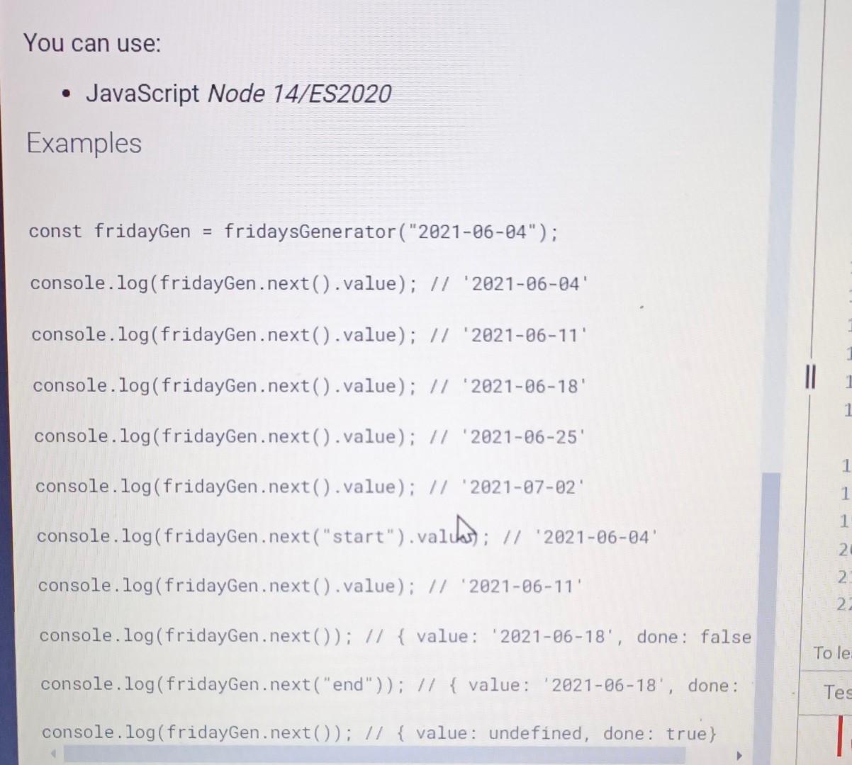 Solved Implement a generator of Fridays using JavaScript and | Chegg.com