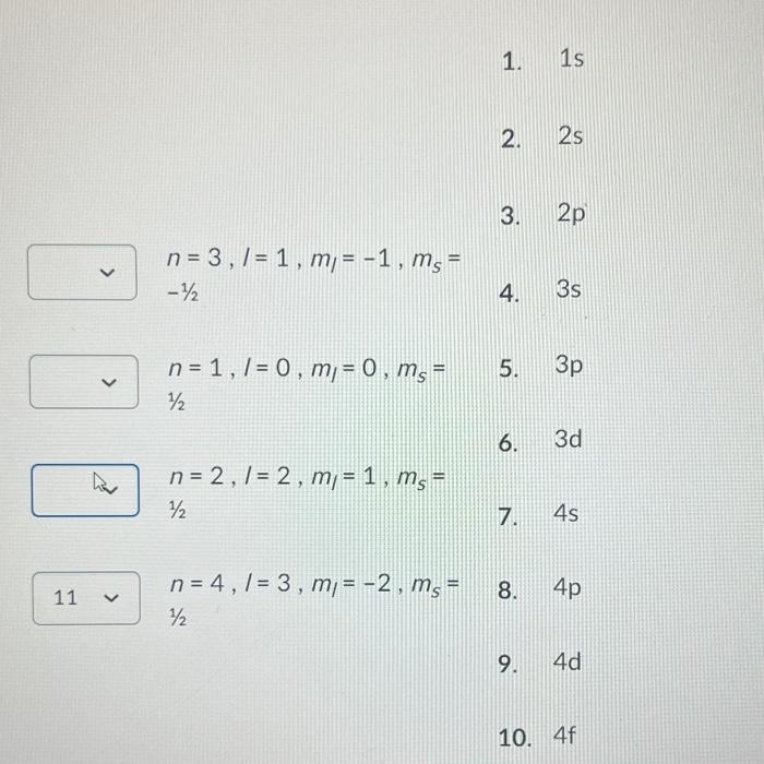 Solved 1. 1s 2. 2s 3. 2p n = 3,1 = 1, m/= -1, ms = -² 4. 3s | Chegg.com