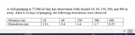 Solved A well pumping at 77,000 m3/ day has observation | Chegg.com