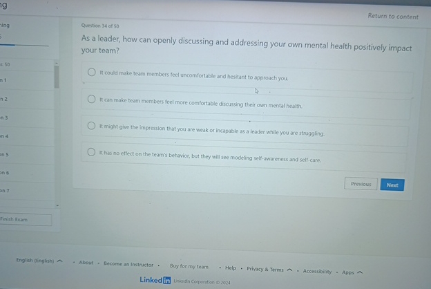 Solved Return to contentQuestion 34 ﻿of 50As a leader, how | Chegg.com