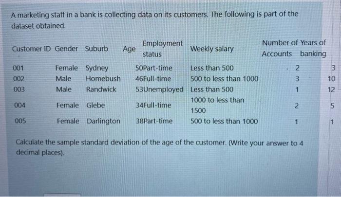 Solved A marketing staff in a bank is collecting data on its | Chegg.com