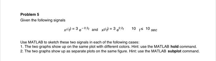 Solved Problem 5 Given the following signals x1(t)=3e−0,2t | Chegg.com