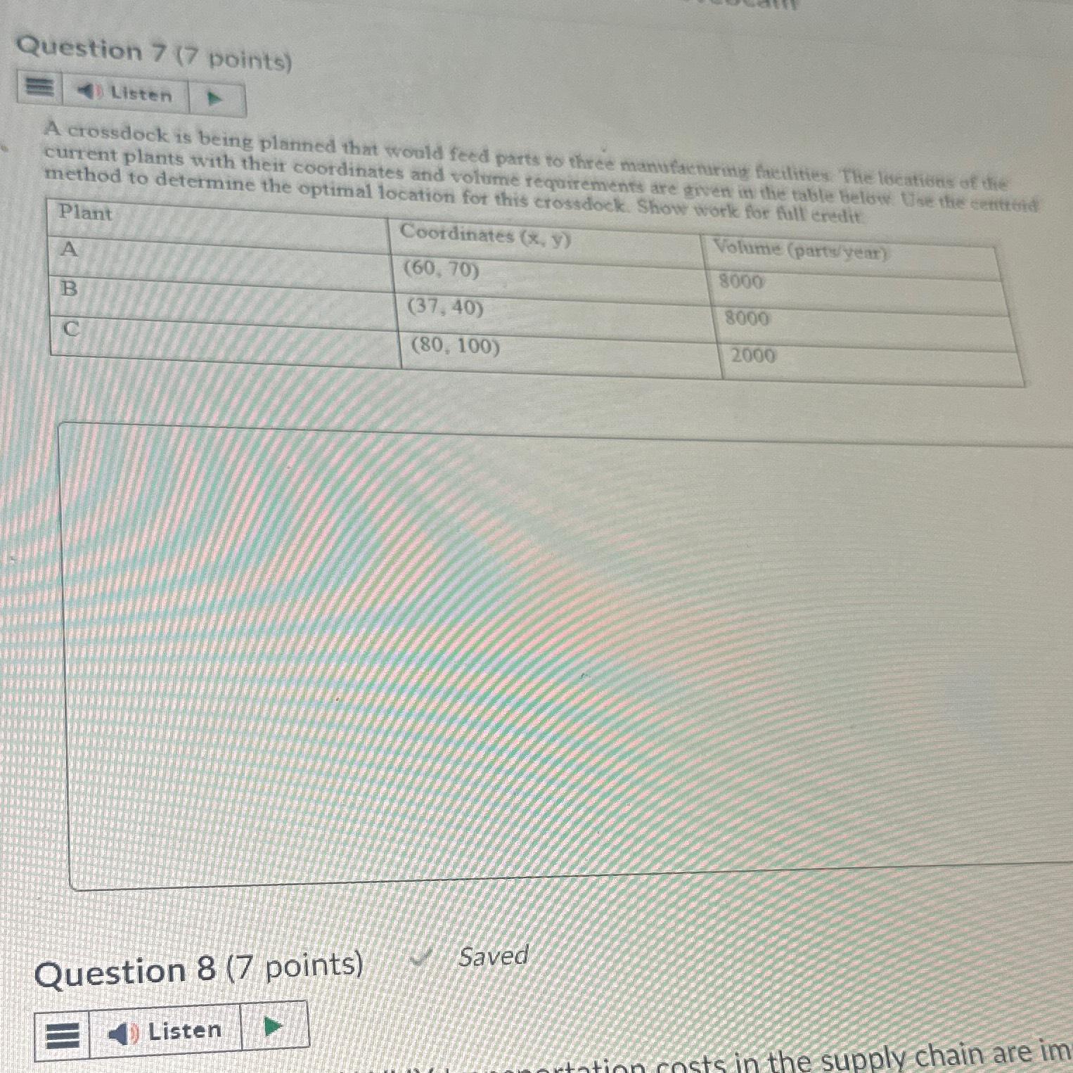 Solved Question 7 ( 7 ﻿points)ListenA crossdock is being | Chegg.com