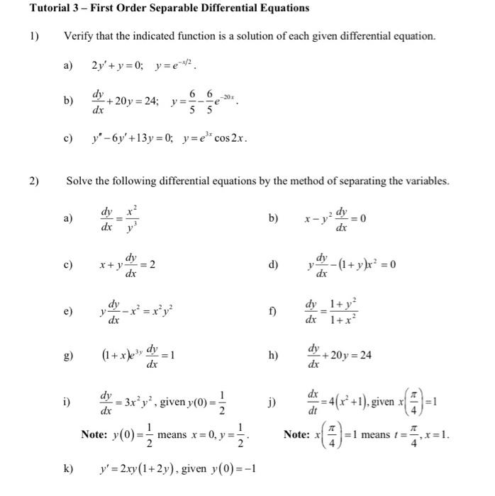 Solved Tutorial 3 - First Order Separable Differential | Chegg.com
