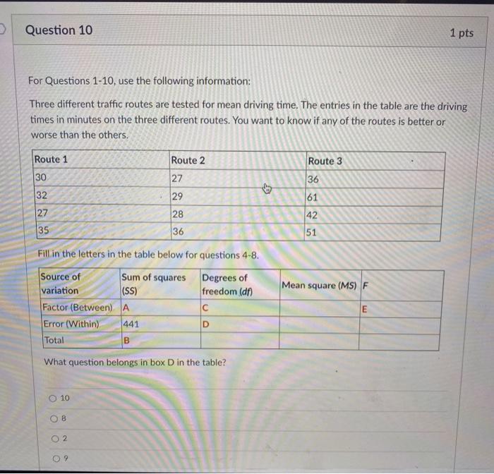 Solved Question 9 1 pts For Questions 1-10, use the | Chegg.com