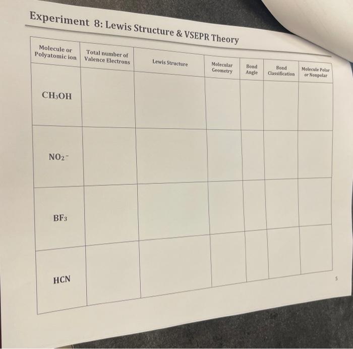 Solved Experiment 8: Lewis Structure & VSEPR Theory NAME: | Chegg.com