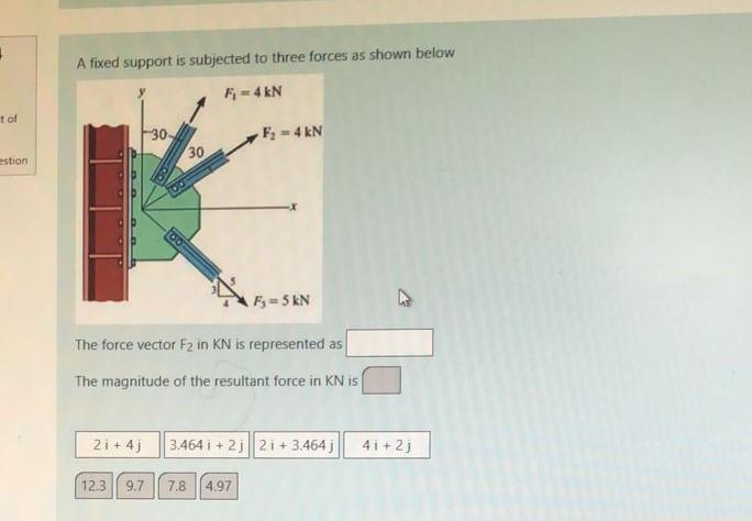Solved A fixed support is subjected to three forces as shown | Chegg.com