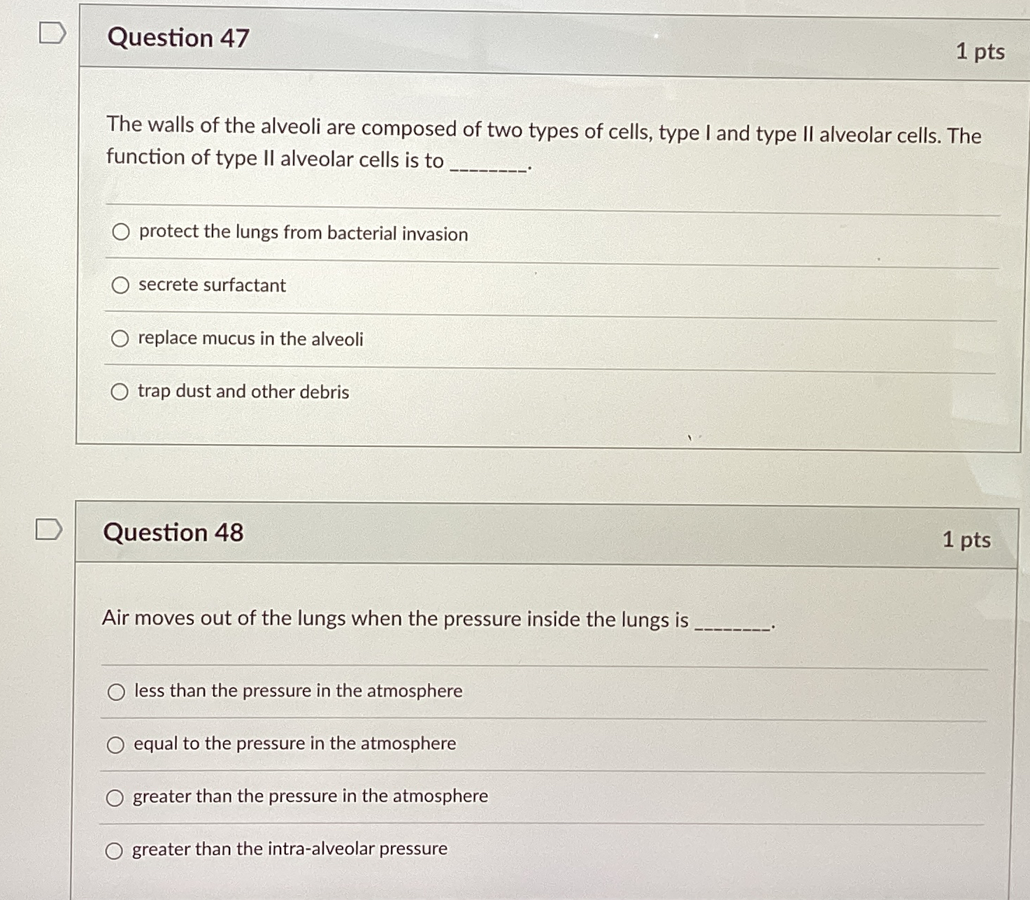 Solved Question 471 ﻿ptsThe walls of the alveoli are | Chegg.com