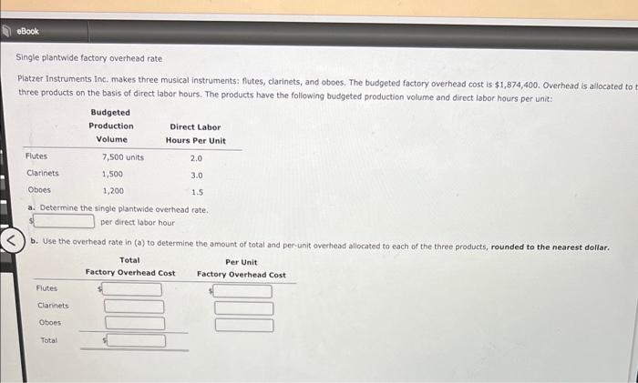 Solved Single plantwide factory overhead rate Platzer | Chegg.com