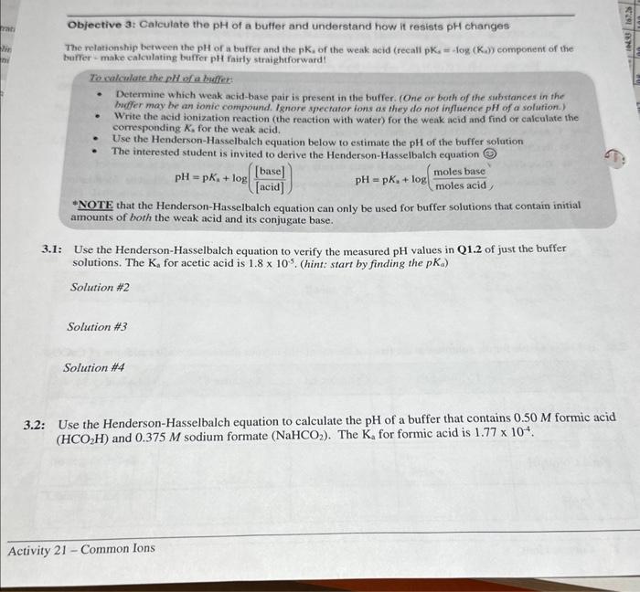 Solved Objective 3: Calculate the pH of a buffer and | Chegg.com