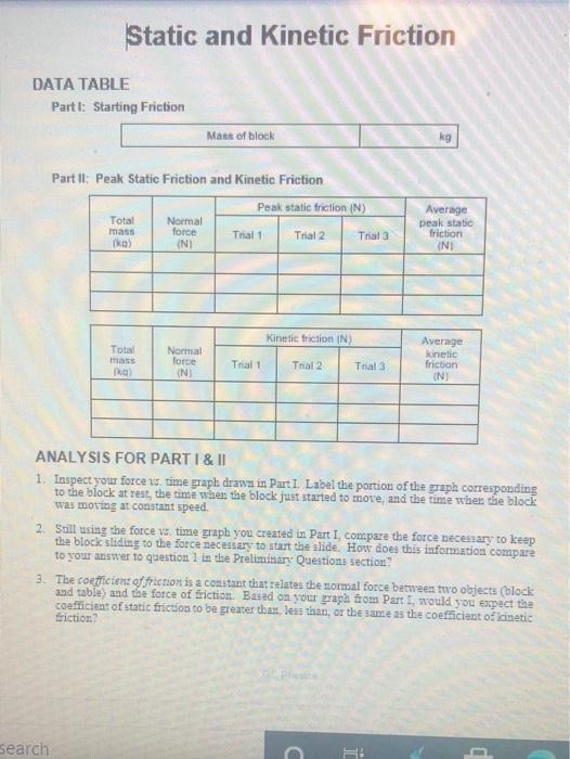 Static and Kinetic Friction DATA TABLE Partl: | Chegg.com