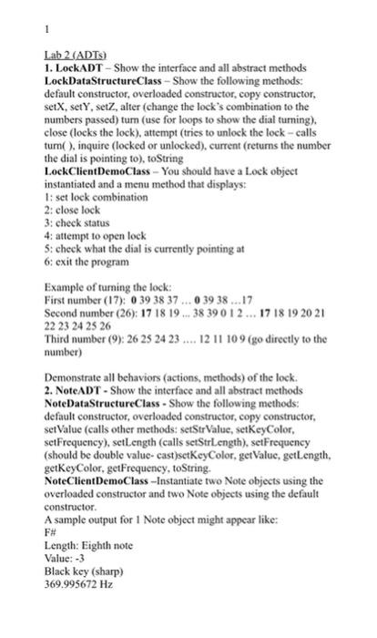 Solved 1 Lab 2 (ADTS) 1. LockADT - Show the interface and | Chegg.com