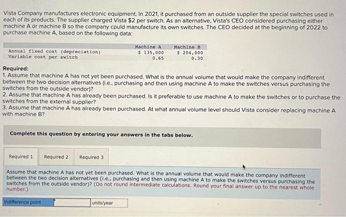 Solved Vista Company manufactures electronic equipment. In | Chegg.com