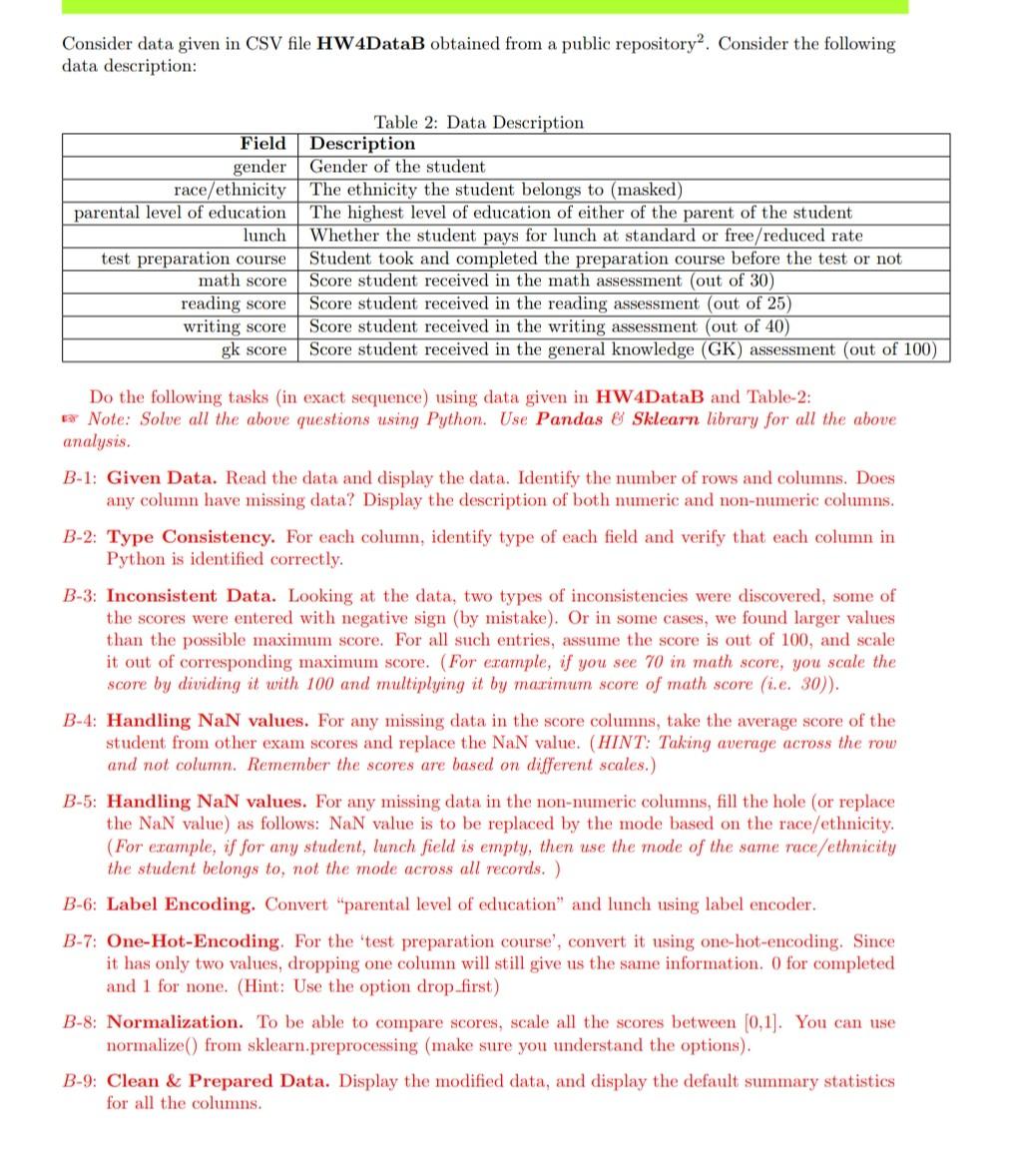 Solved Consider data given in CSV file HW4DataB obtained | Chegg.com