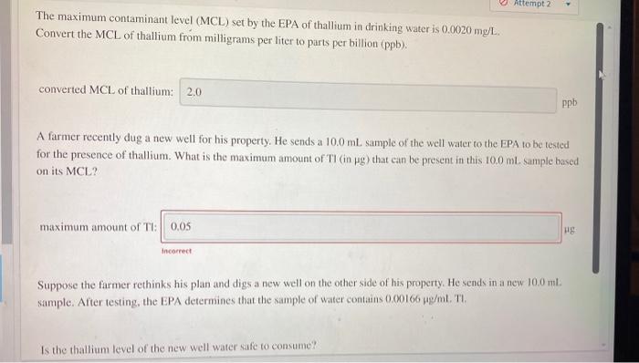 Solved Attempt 2 The maximum contaminant level (MCL) set by | Chegg.com