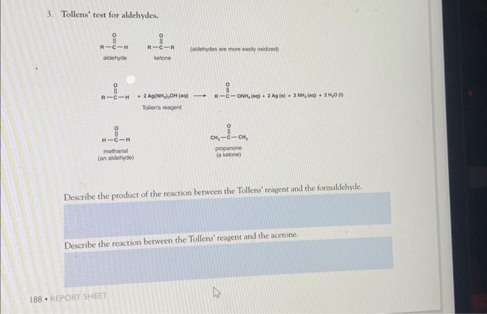 Solved 3. Tollens' test for aldehydes. aldehyde katone | Chegg.com