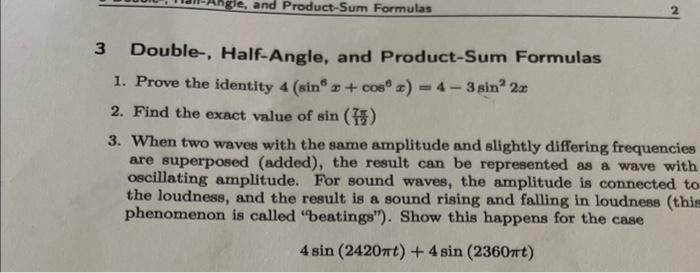 Solved 3 Double-, Half-Angle, and Product-Sum Formulas 1. | Chegg.com