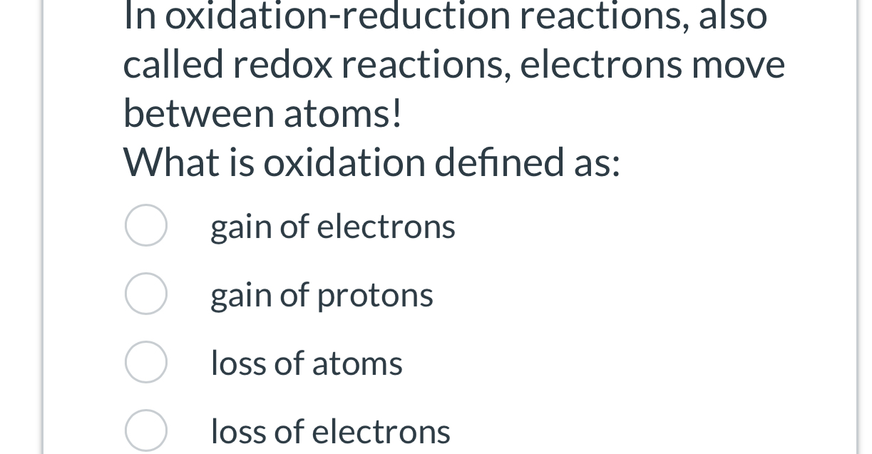 Solved In oxidation-reduction reactions, alsocalled redox | Chegg.com
