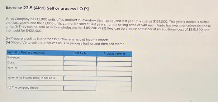 Solved Exercise 23-5 (Algo) Sell or process LO P2 Varto | Chegg.com