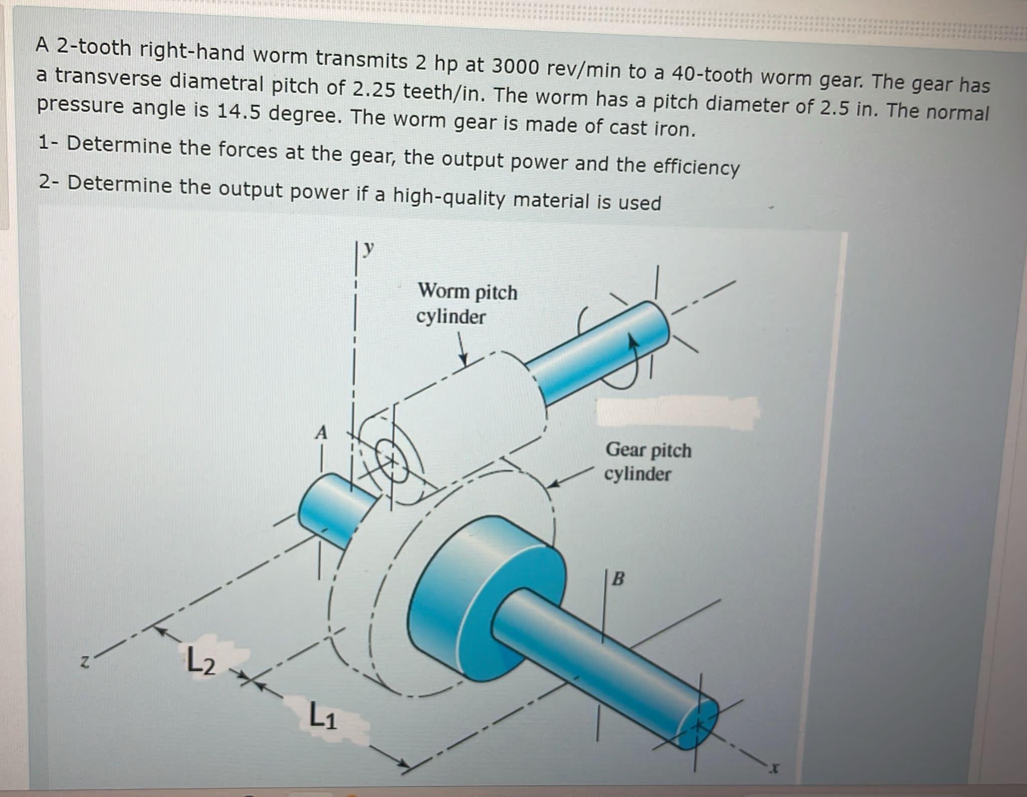 Solved A 2-tooth right-hand worm transmits 2hp ﻿at | Chegg.com