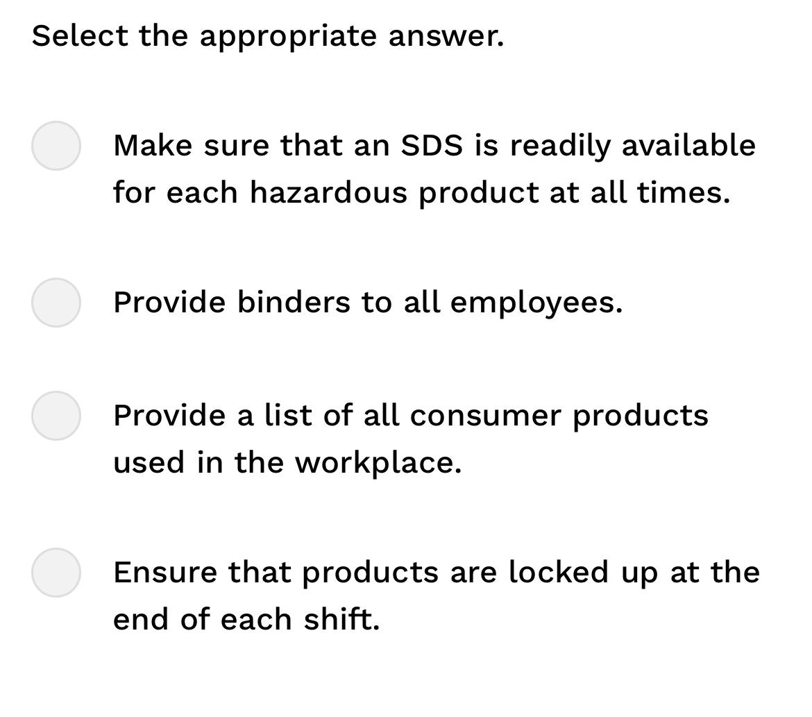 Solved Select the appropriate answer.Make sure that an SDS | Chegg.com