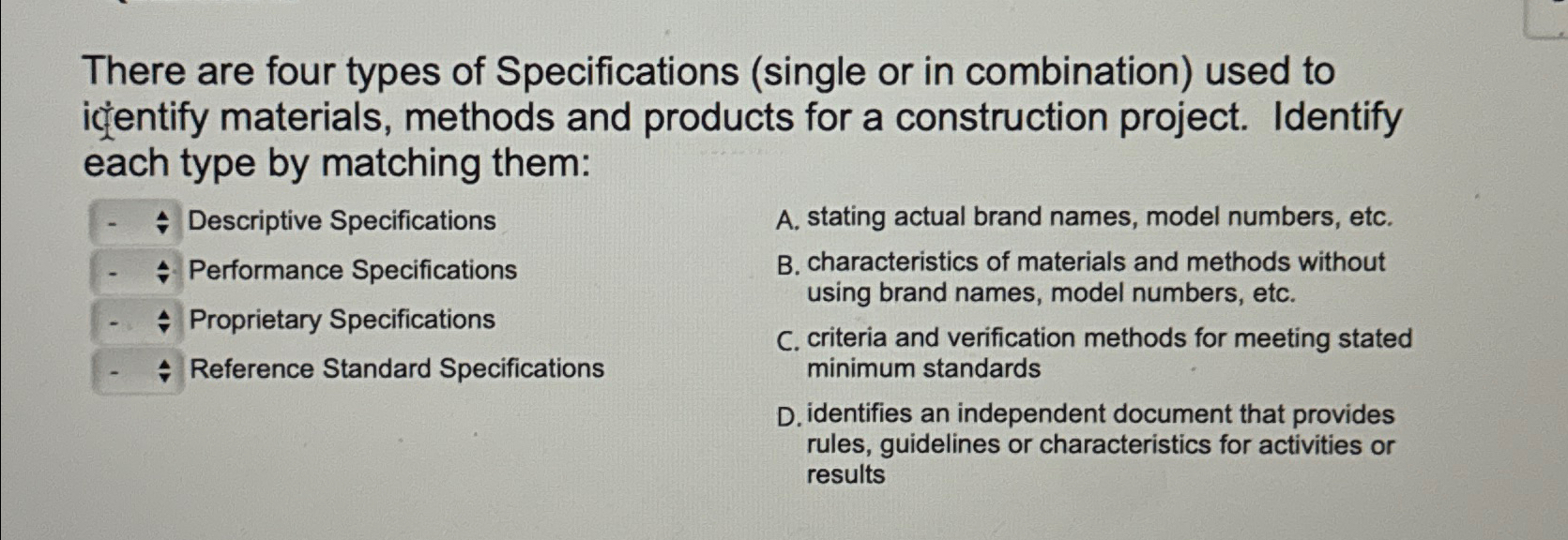 Solved There are four types of Specifications (single or in | Chegg.com