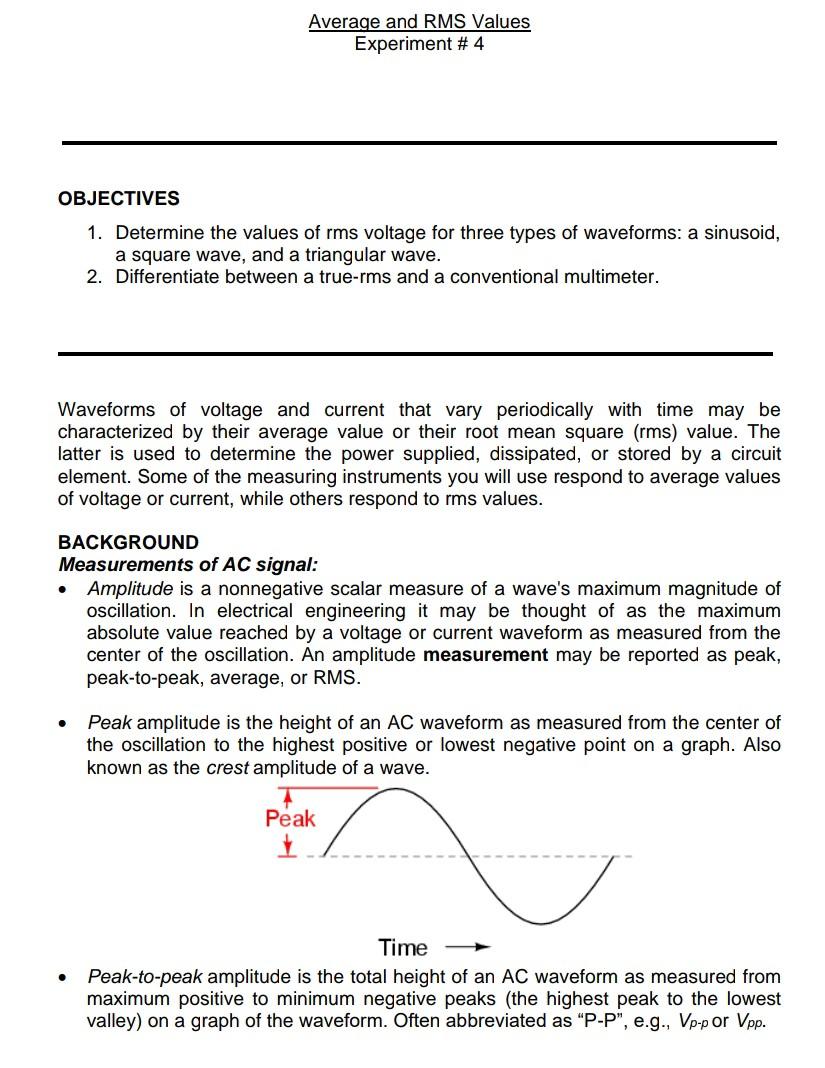 Solved Average and RMS Values Experiment # 4 OBJECTIVES 1. | Chegg.com