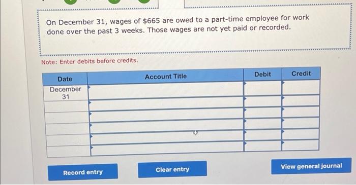 Solved On December 31, wages of $665 are owed to a part-time | Chegg.com