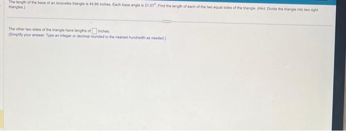 Solved The lengti of the base of an isosceles briangle is 44 | Chegg.com
