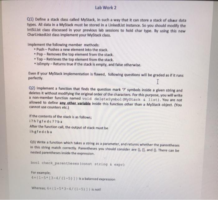 Solved Lab Work 2 Q1 Define A Stack Class Called Mystack 