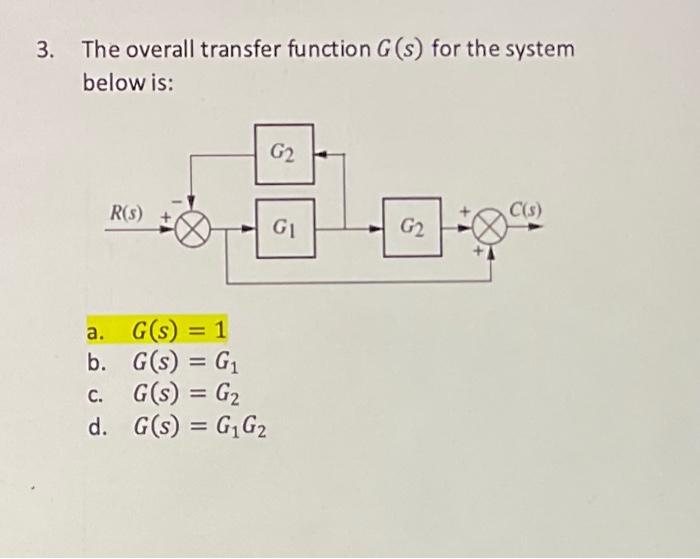 Solved 2. The overall transfer function G(s) for the system | Chegg.com