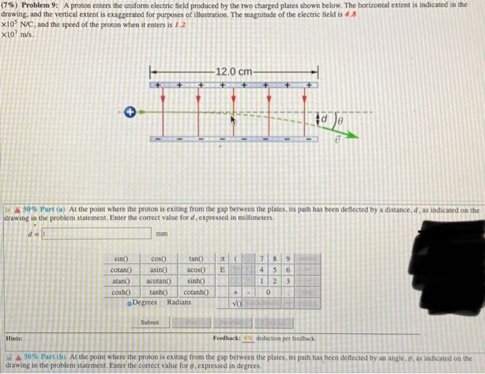 Solved 7\%) Problem 9: A proton enters the uniform electric | Chegg.com