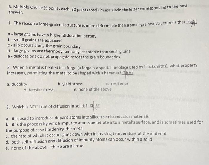 Solved B. Multiple Choice ( 5 points each, 30 points total) | Chegg.com