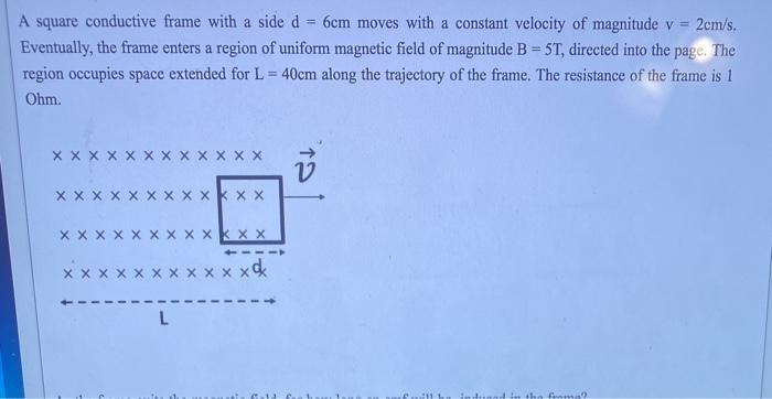 Solved A square conductive frame with a side d 6cm moves | Chegg.com