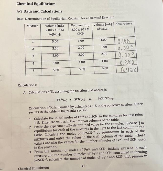 Solved Chemical Equilibrium 4-3 Data and Calculations Data: | Chegg.com