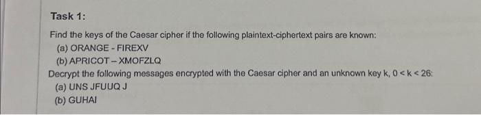 Solved Task 1: Find the keys of the Caesar cipher if the | Chegg.com
