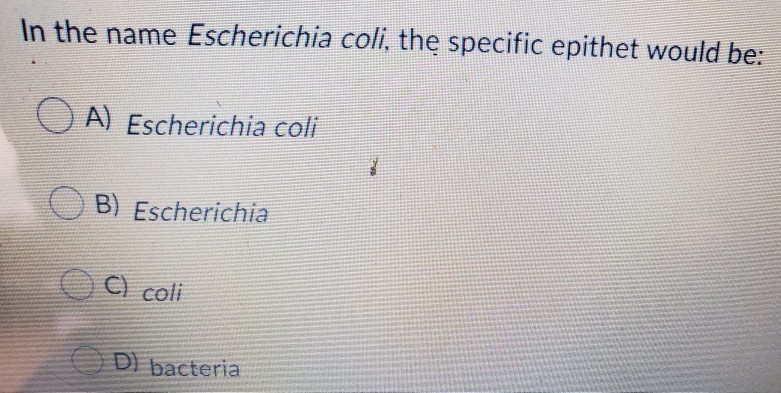 Solved In the name Escherichia coli, the specific epithet | Chegg.com