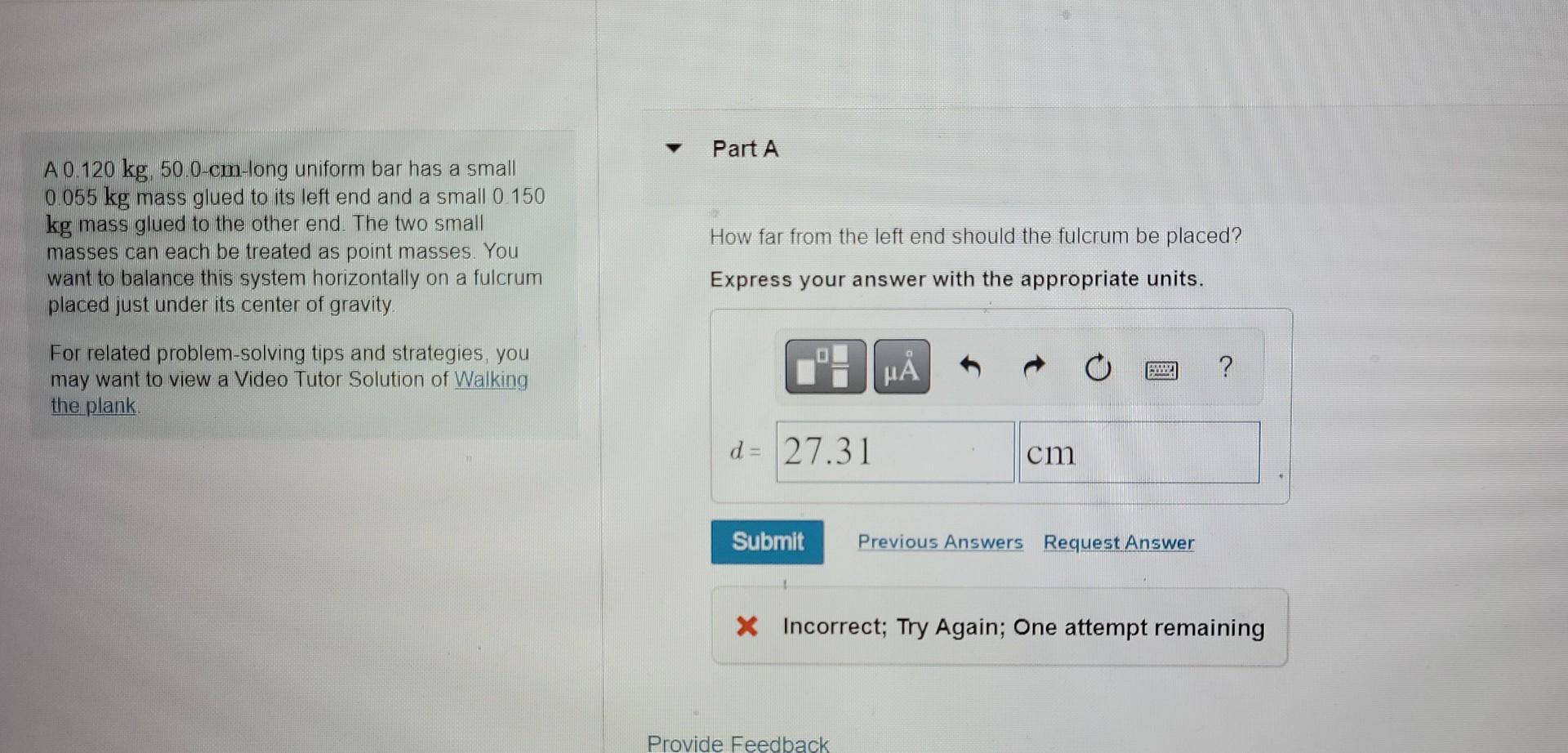 Solved A 0.120 kg,50.0-cm-long uniform bar has a small Part | Chegg.com