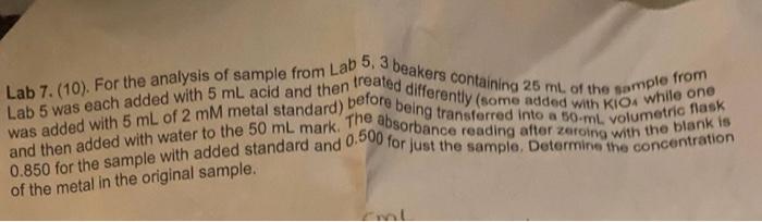Solved Lab 7. (10). For the analysis of sample from Lab5,3 | Chegg.com