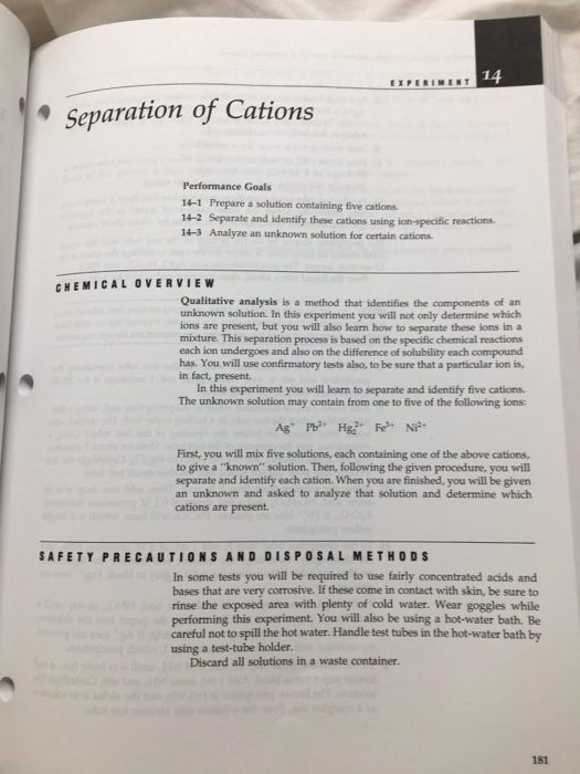 Solved Separation of Cations Performance Goals 14-1 Prepare | Chegg.com