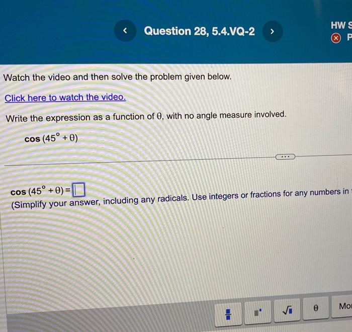 Solved cos(45∘+θ) cos(45∘+θ)= (Simplify your answer, | Chegg.com