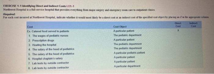 Solved EXERCISE 1-1 Identifying Direct and Indirect Costs | Chegg.com Solved EXERCISE 1-1 Identifying Direct and Indirect Costs | Chegg.com
