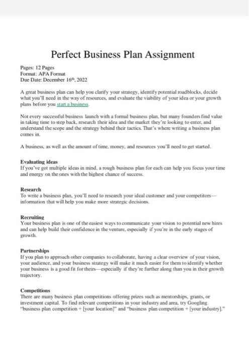 Solved Perfect Business Plan Assignment Pages: 12 Pages | Chegg.com