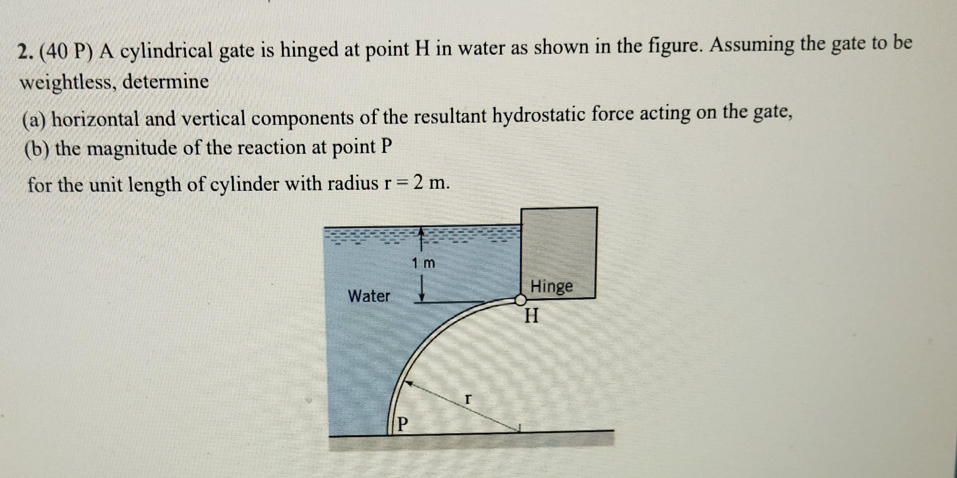 Solved 2. (40 P) A cylindrical gate is hinged at point H in | Chegg.com