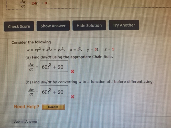 Solved dw dt 24+3 + 8 11 Check Score Show Answer Hide | Chegg.com