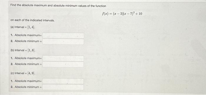 Solved Find the absolute maximum and absolute minimum values | Chegg.com