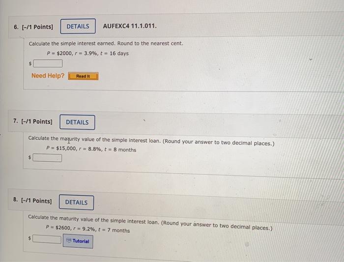 Solved 6. [-/1 Points) DETAILS AUFEXC4 11.1.011. Calculate | Chegg.com